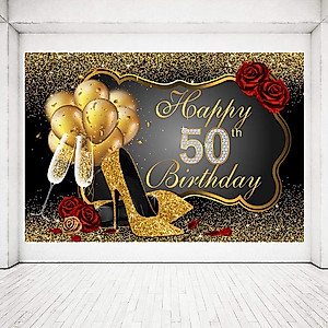 MEHOFOTO Photo Background Shining Sequin Black Gold High Heels Champagne Woman Red Rose Balloons 50th Happy Birthday Party Banner Backdrops for Photography 8x6ft