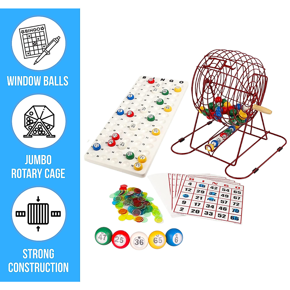 Regal Bingo Professional Bingo Game Set with 11" Wheel Cage, 75 Bingo Balls, Master Board, 18 Bingo Cards & 25 Jumbo Reusable Cards, and Colorful Chips - Bingo Games for Adults Large Group - Red