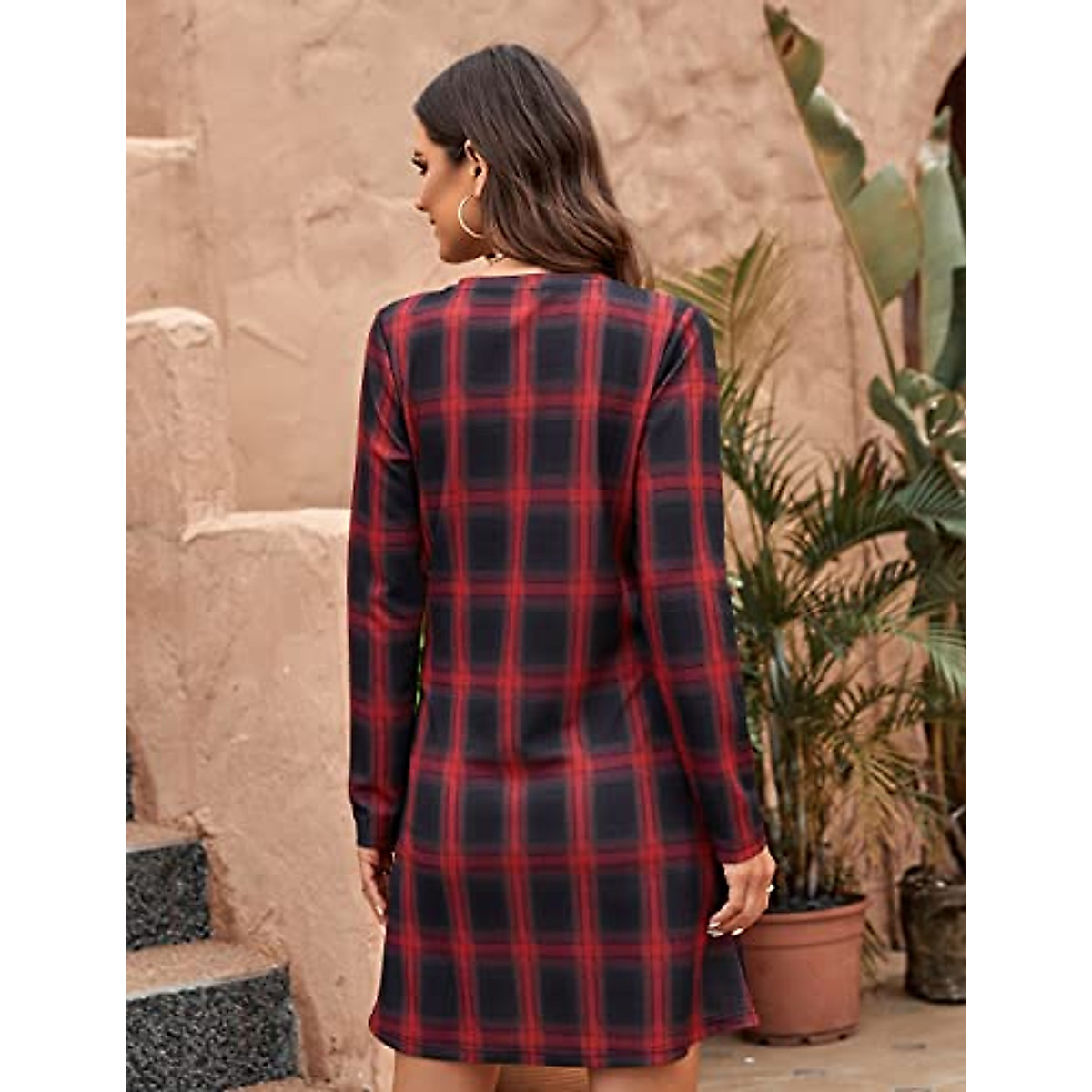 Blooming Jelly Women's Plaid Swing Dress Long Sleeve Round Neck Tunic Mini Dress(Large,Black and Red Plaid)