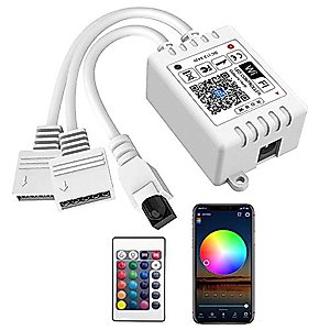 Smart WiFi RGBW LED Controller 2-Output 5 Pin with 24-Key Remote,Compatible with Alexa&Google Assistant,Voice/APP/Music Control Strip Lights for Android/iOS System,WiFi LED Controller Only(New)