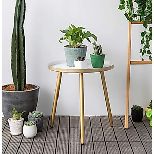 AOJEZOR Bed Side Table Ideal for Any Room, Living Room, Bedroom,Metal Structure Small Round Side Table Great for Small Spaces,White Tray with 3 Gold Legs End Table