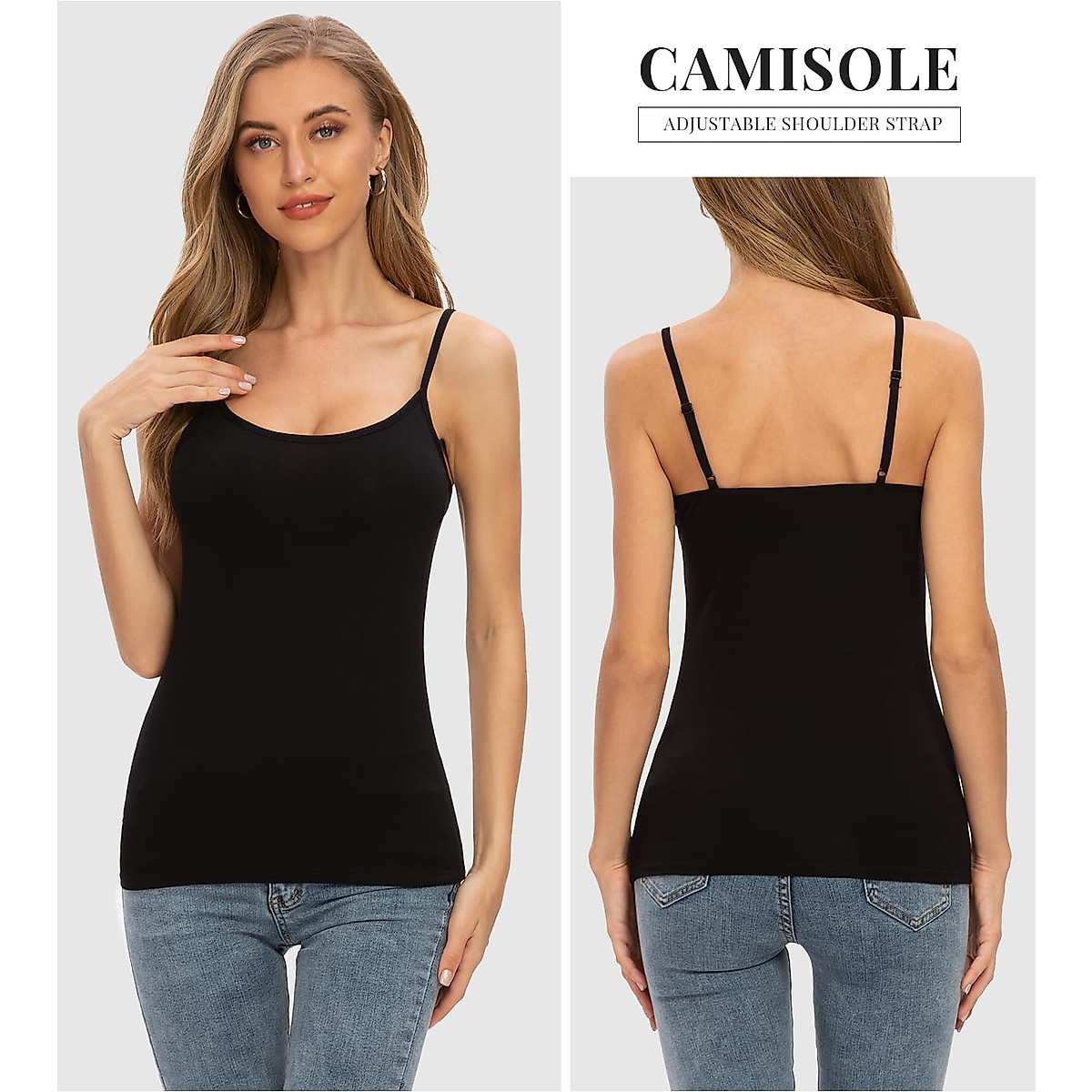 Rosyline 4 Piece Women Camisole Basic Undershirt Adjustable Spaghetti Strap Tank Top Black/Grey/Black/White M