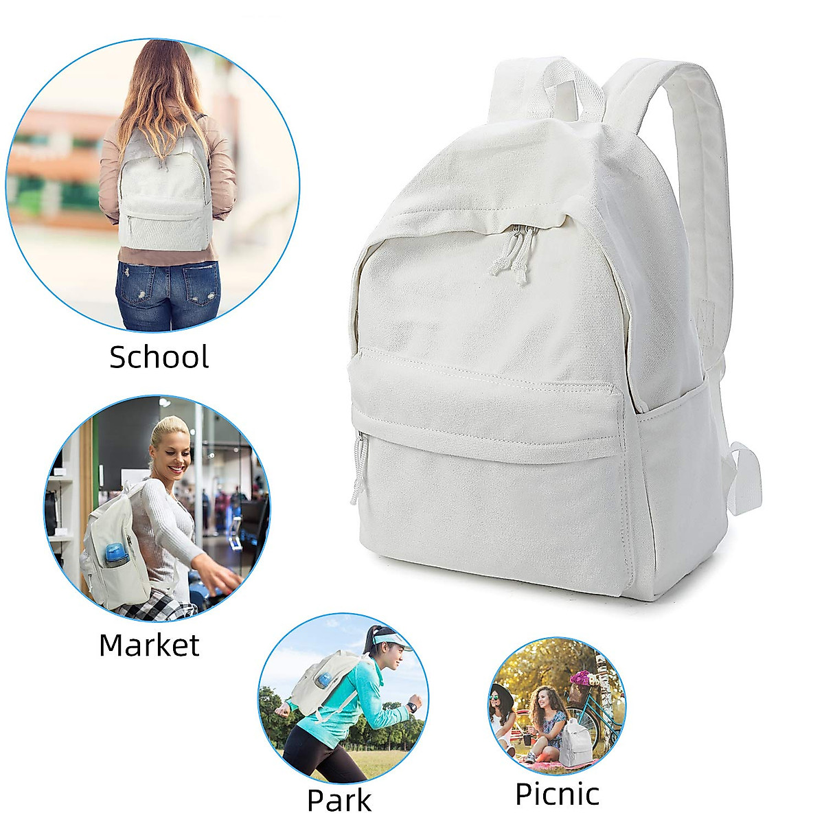 Zicac Unisex DIY Canvas Backpack Daypack Satchel Backpack (White, With Side Pocket)