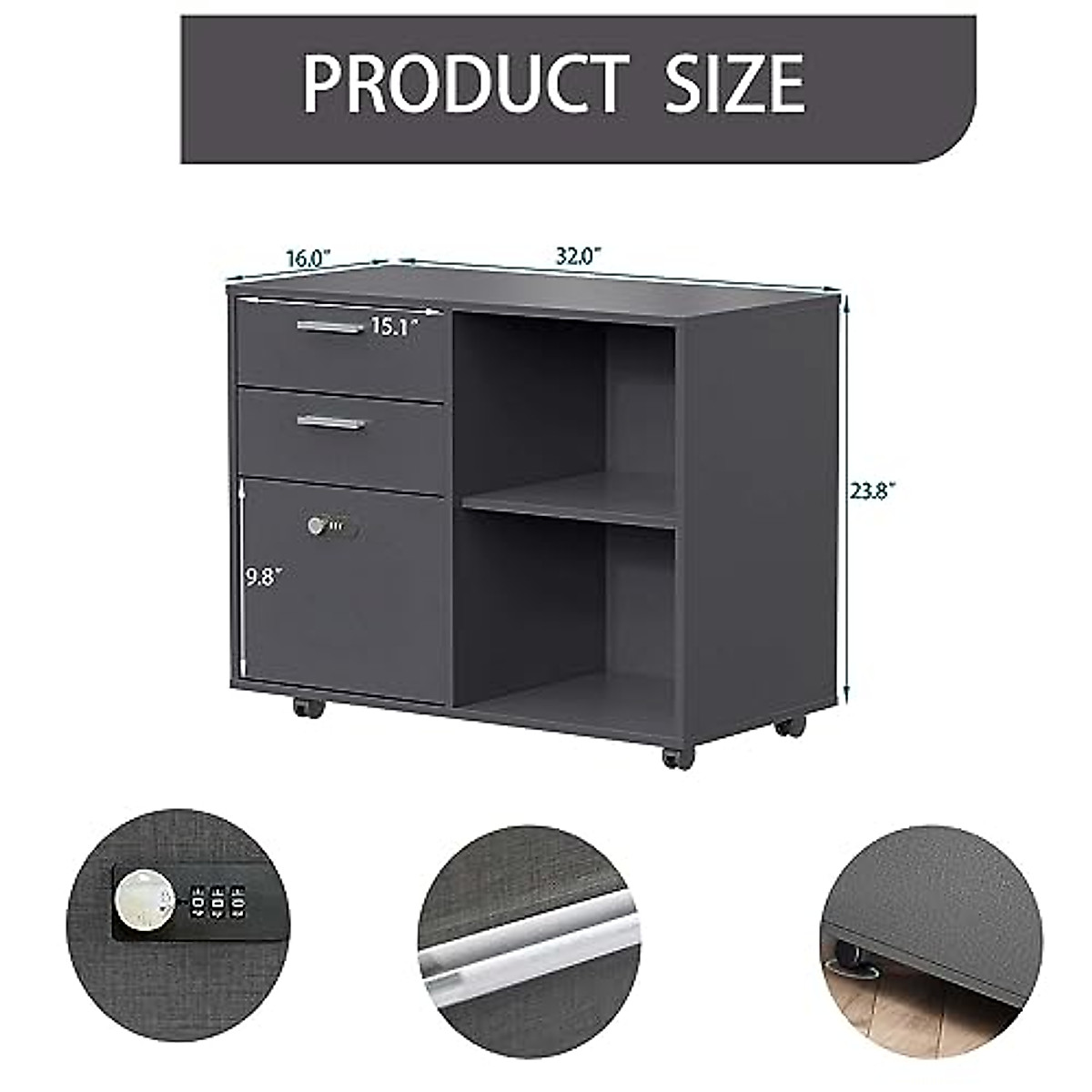 Heliosphere Modern 3 Storage Drawer File Cabinet with Coded Lock, Wood Printer Stand with Open Storage Shelves/Mobile Lateral Filing Cabinet/Easy Assemble for Home Office Bedroom (Dark Gray)