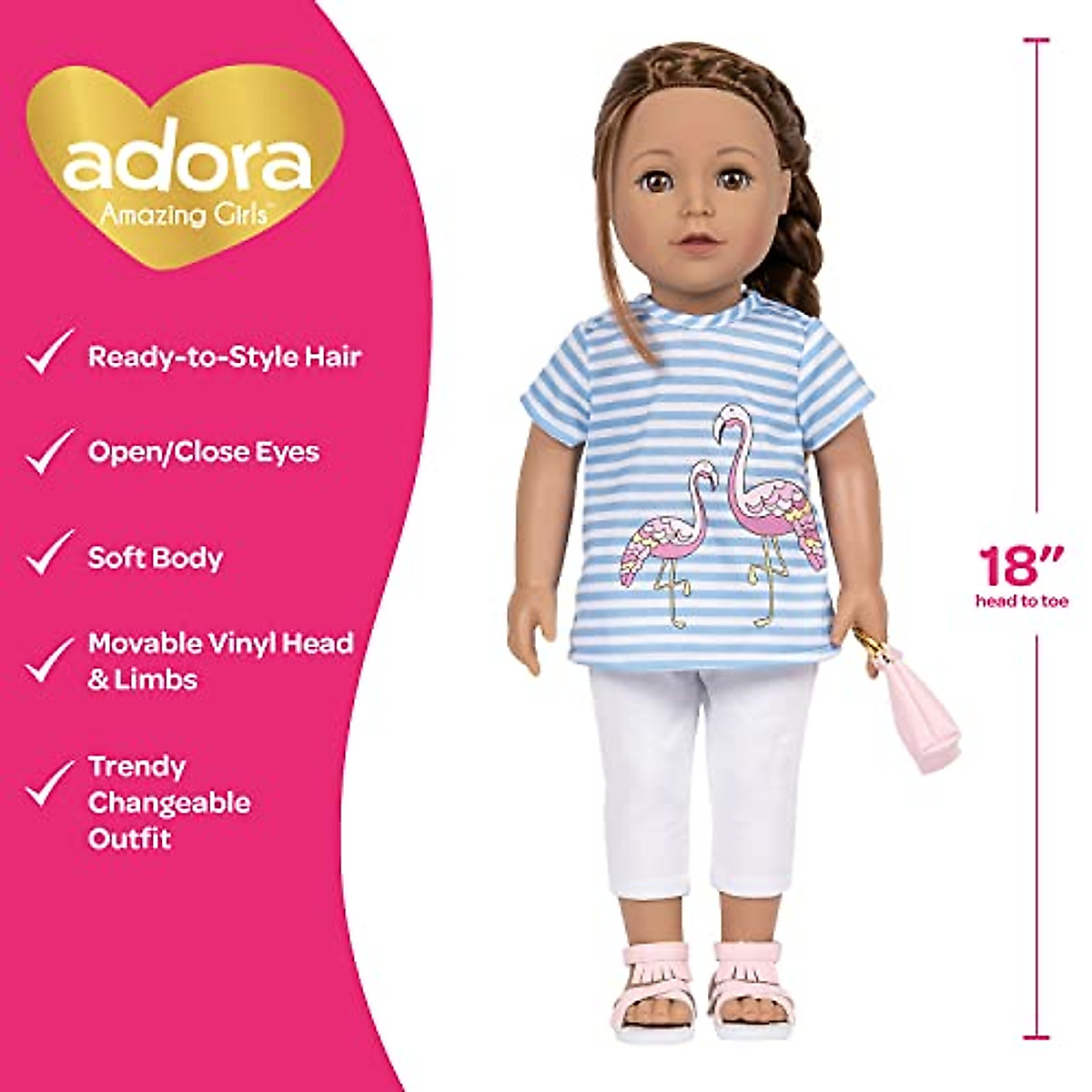 ADORA Amazon Exclusive Amazing Girls Collection, 18” Realistic Doll with Changeable Outfit and Movable Soft Body, Birthday Gift for Kids and Toddlers Ages 6+ - Ava with Summer Flamingo Outfit