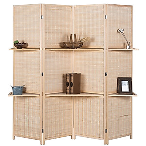 RHF 6 ft Tall (Extra Wide) Beige Woven Bamboo Room Divider&Room dividers and Folding Privacy Screens,Partition Wall, with 2 Display Shelves&Room Divider with Shelves-Bamboo -4 Panels 2 Shelves