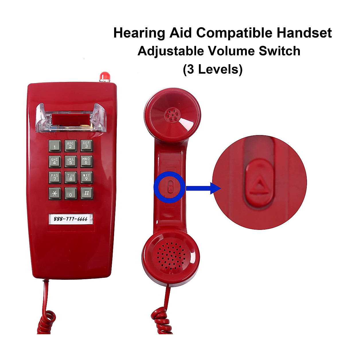 Traditional Wall Phones for Landline with Mechanical Ringing, Retro Wall Mounted Phone Waterproof, Classic 2554 Wall Telephone with Voicemail Indicator, Old Wall Mount Phone for Kitchen,Home,Red