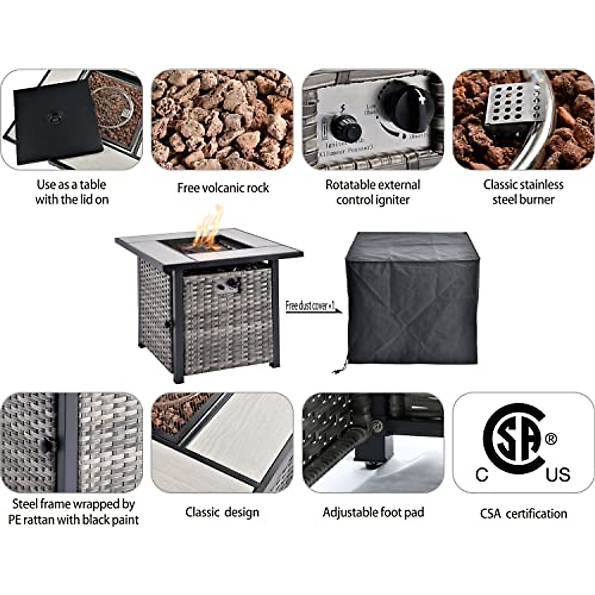 ovios Patio Furniture Set 7 PCS Outdoor Wicker Rattan Sofa Set with 360 Degree Swivel Rocking Chairs 30 Inch Gas Fire Pit Table Garden Backyard Porch (Orange Red-Grey)