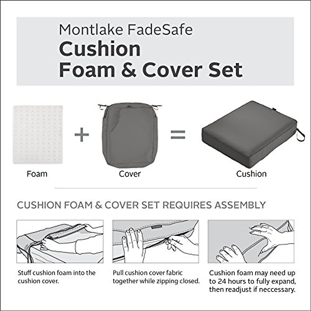 Classic Accessories Montlake FadeSafe Water-Resistant 25 x 25 x 5 Inch Square Outdoor Seat Cushion, Patio Furniture Chair Cushion, Light Charcoal Grey, Outdoor Cushion Cover
