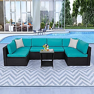 Kinsunny 7 PCS Patio Furniture Sets Conversation Sets - Outdoor Sets Sectional Sofa Set with Tea Table and Washable Blue Cushions, PE Black Rattan Sofa for Backyard/Pool