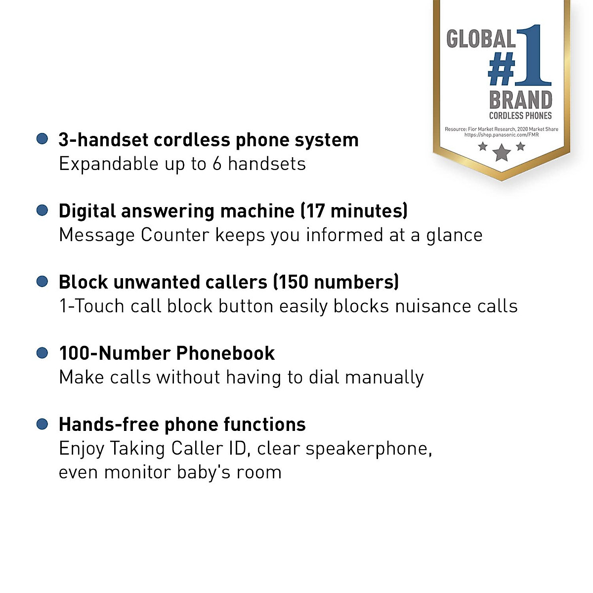 Panasonic Expandable Cordless Phone System with Answering Machine and Call Block - 3 Cordless Handsets & Additional Cordless Phone Handset for use with KX-TGD63x Series Cordless Phone Systems