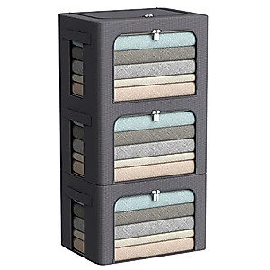 3Pack Stackable Clothes Storage Bins - Oxford Frame Storage Box Foldable Clothing Storage Container Organizer Set with Clear Window & Carry Handles Large Capacity (Dark Gray, X-Small-36L)