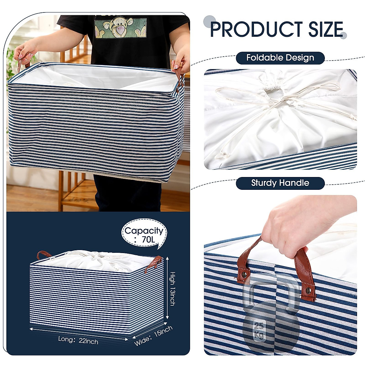 8 Pack 70L Extra Large Storage Bins 22 x 15 x 13 Inch Large Blanket Basket for Shelves Canvas Storage Bin with Handle and Drawstring Cover for Clothing Comforters Toys Bedding, Closet Organizers