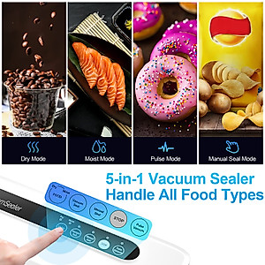 Vacuum Sealer Machine, Dry/Moist Food Sealer Machine, 5-in-1 Vacuum Sealing System, Air Sealer Machine with 5 Vacuum Seal Bags & 1 Air Suction Hose for Dry Moist Food Preservation and Sous Vide(White)