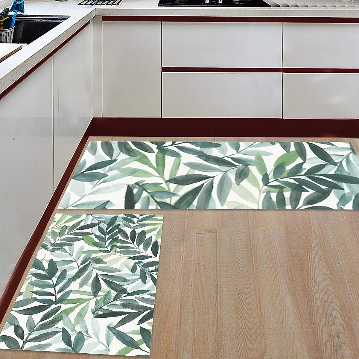 Z&L Home Watercolor Fresh Green Leaves Kitchen Rug Sets 2 Piece Floor Mat Non-Slip Rubber Backing Area Runners Door Mats, Natural Plant Indoor Washable Carpet