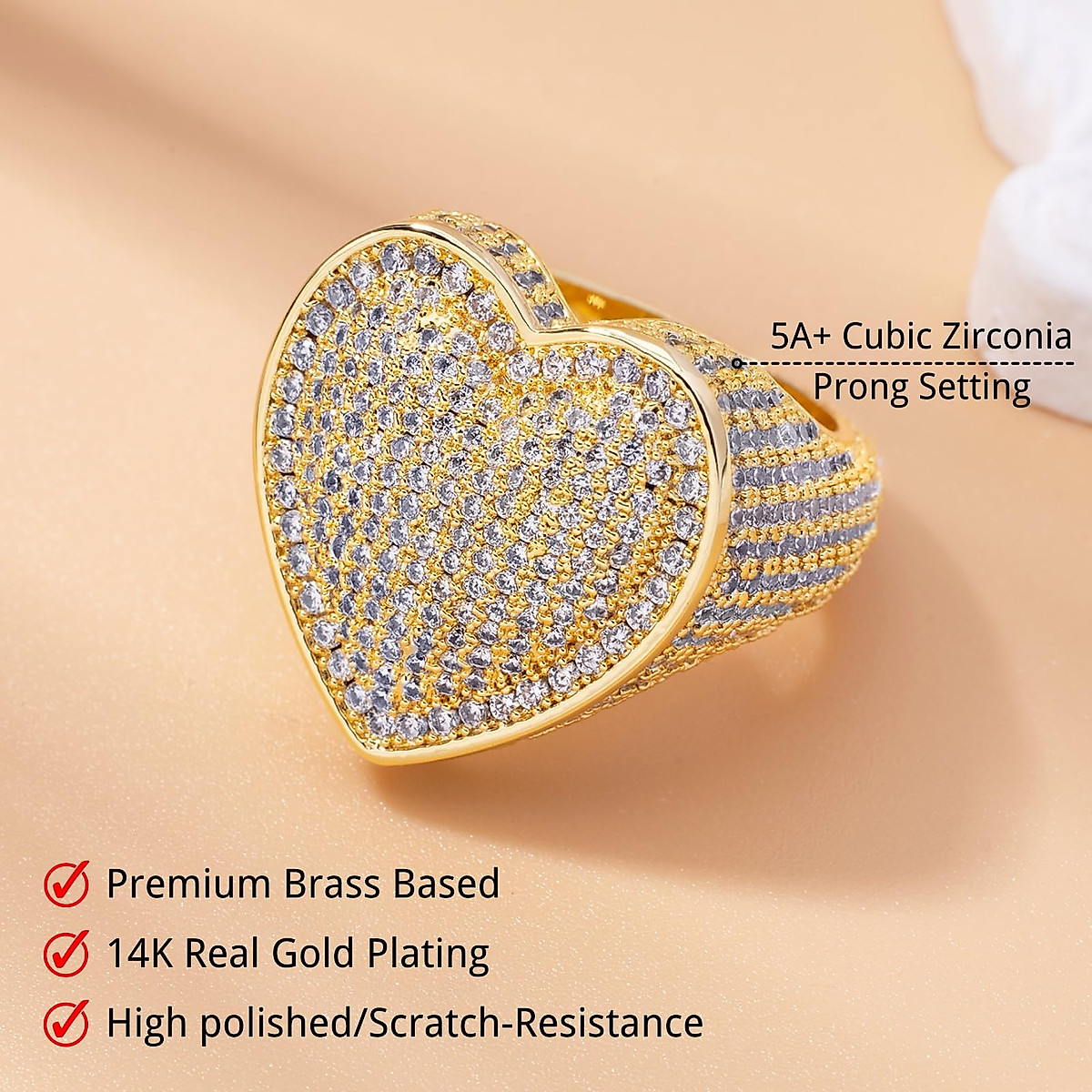 Lulu Mel Iced out Jewelry heart shape party ring，14k gold plating CZ micro setting shiny INS style bling rose gold big size heart ring for men women (Gold, 8)