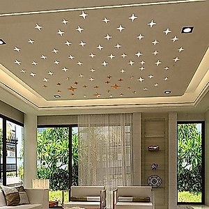 Baost 50Pcs Removable 3D Star Shape Mirror Effect Wall Stickers Decor Self-Adhesive Wall Art Mural Decals Stickers for Kids' Room Nursery Bedroom Ceiling TV Background Silver