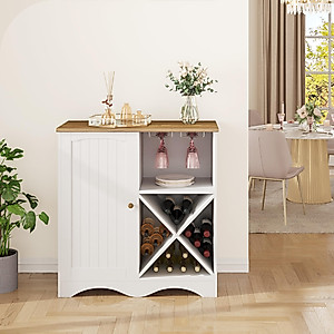DWVO White Wine Bar Cabinet, 32" Kitchen Coffee Bar Cabinet with 2-Row Glass Holder and 4-Grid Wine Rack, Oak Wood Sideboard Buffet Storage Cabinet for Kitchen, Dining Room
