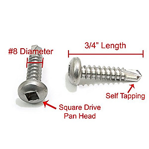 Bolt Dropper 8 x 3/4" Stainless Pan Head Square Drive Sheet Metal Self Tapping Drilling Screws, (100pc) 410 SS, Corrosion Resistant Choose Size and Qty,.
