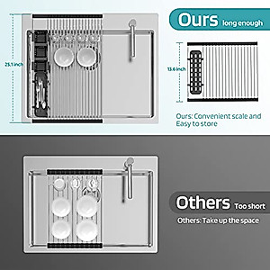 Extra Large Black Expandable Roll Up Dish Drying Rack Up to 25.1''with 2 Storage Baskets,Over The Sink Kitchen Rolling up Dish Drainer Dish Drying Rack in Sink, Foldable,Rollable,for Kitchen Dishes