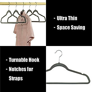 Mainetti SH-VM003-GR10 Grey Velvet Ultra-Thin Hangers with Notches and Bright Zinc Swivel Hooks, 17.5 Inch (Pack of 10)