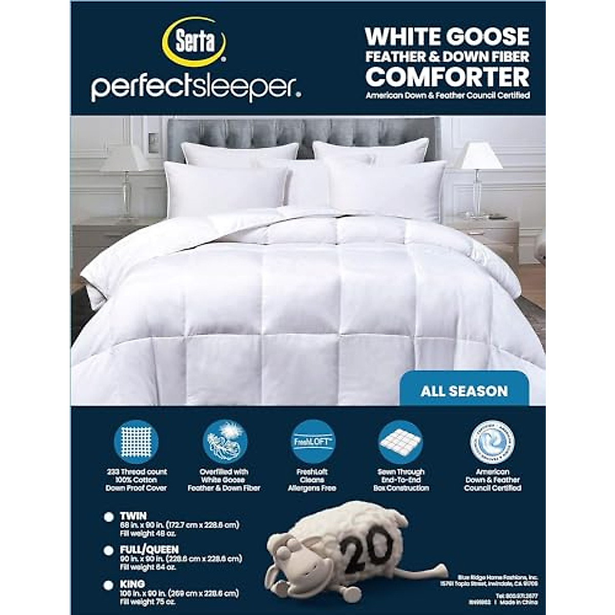 Serta White Goose Feather and White Goose Down Fiber Comforter Hotel Luxury Edition Hypoallergenic 100% Cotton, All Seasons Warmth King