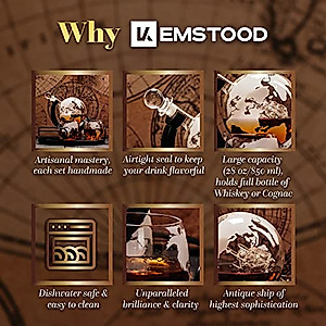 Kemstood Whiskey Decanter Set - Etched World Globe Whiskey Decanter Sets for Men with 2 Glasses in Gift Box - Whiskey Gifts for Men - Home Bar Accessories for Alcohol Drinks- Fathers Day