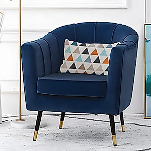 MoNiBloom Modern Accent Chair with Lumbar Pillow, Mid-Century Modern Sude Single Sofa Arm Chair for Living Room, Durable Upholstered Comfy Barrel Chair w/Gold Metal Legs and Wide Armrest, Navy Blue