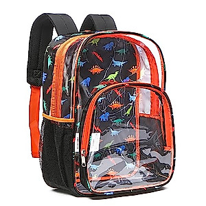 BLUEFAIRY Boys Clear Backpack Heavy Duty Stadium Approved Dinosaur Transparent Backpack Plastic See Through Bag for Kids for School Travel Gifts (Large Orange)