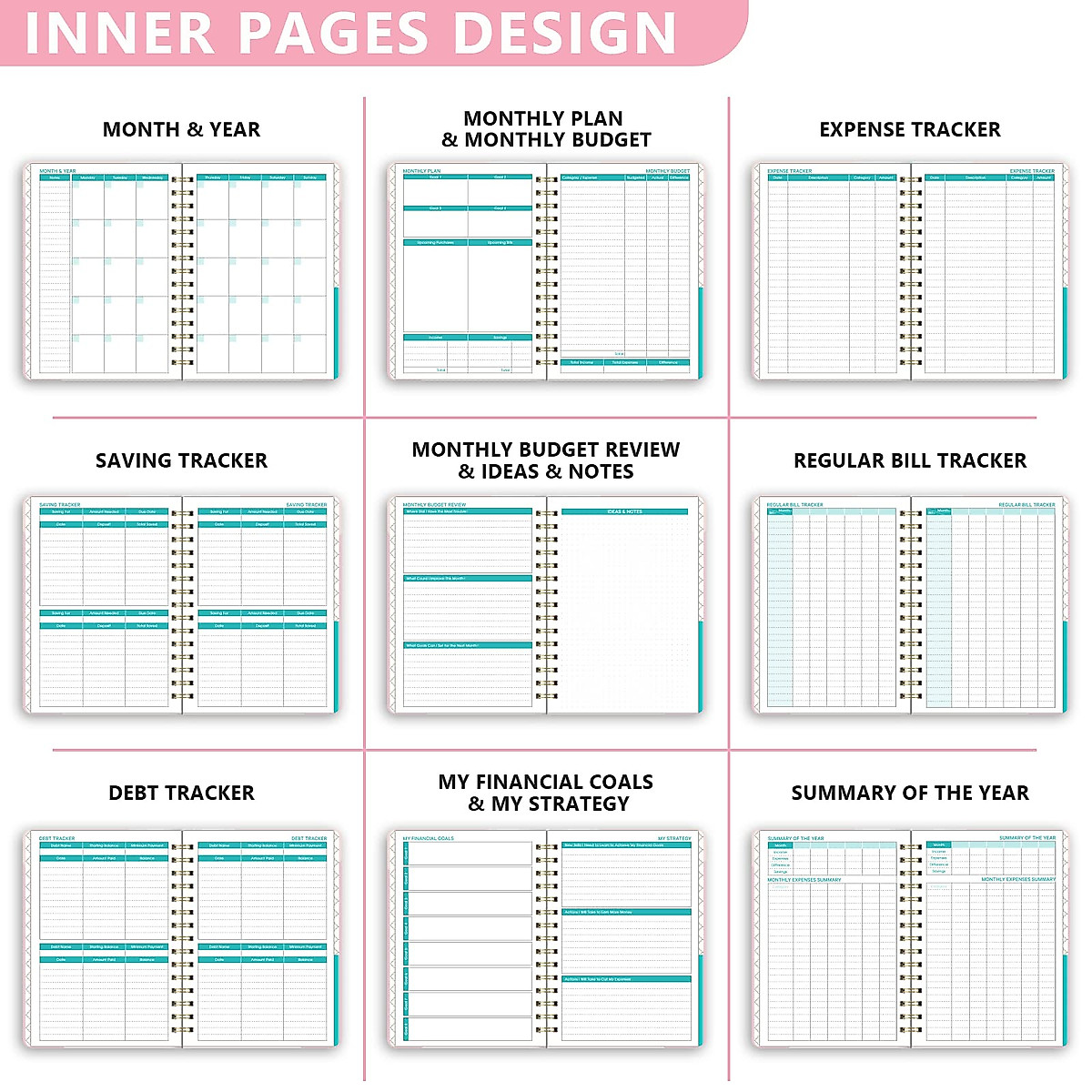 Budget Planner Book, 12 Monthly Financial Organizer, 6" x 8.2", Planner Organizer with Expense Tracker Undated Accounts Book, Account Book with Pocket, Stickers - Pink Marble