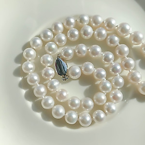 Freshwater Cultured Pearl Set Jewelry for Women Includes Pearl Bracelet, Stud Earrings and Drop Dangle Earrings High Luster AAA Quality Genuine Round White Pearl Strand Necklace Set Mother