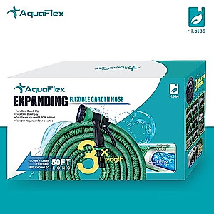AquaFlex (US Patent) 50ft Super Light Weight Expandable Garden Hose, Water Hose with 9 Function Nozzle, Lightweight & No-Kink Flexible Garden Hose, Yard Hose for Watering, Green