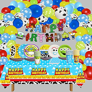 Cartoon Story Party Supplies 133pcs Party Decorations include Paper Plates Napkins Cups Tablecloth and Banner for Boys Girls 1st 2nd 3rd 4th Birthday Decor, Serve 30 Guest