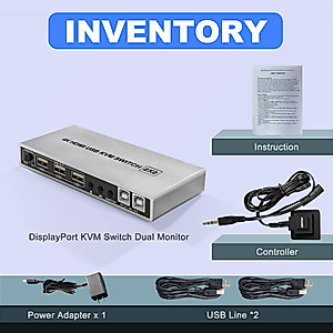 KVM Switch Dual Monitor DisplayPort 4K@60Hz Extended Display, DP 1.2 KVM Switch 2 in 2 Out with Audio Microphone Output and 3 USB 2.0 Hub, PC 2 Monitors Keyboard Mouse Switcher with 2 USB Cables