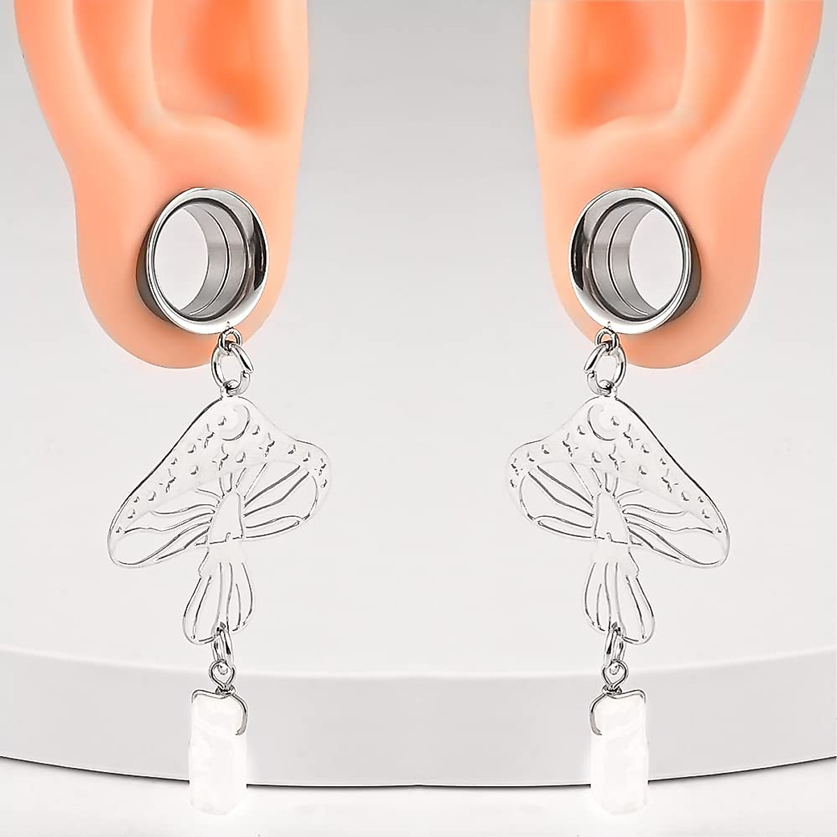 DOEARKO 2PCS Mushroom-Pendant Natural Stone Hypoallergenic Stainless Steel Dangle Ear Plugs Tunnels Ear Gauges Stretcher Pair Selling 2g 0g Piercing Body Jewelry (8mm(0G), Silver)