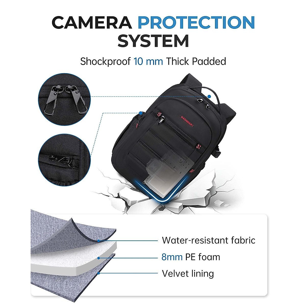 BAGSMART Camera Backpack, Expandable DSLR SLR Camera Bags for Photographers, Photography Travel Backpack with 15.6" Laptop Compartment, Rain Cover & Tripod Holder, Black