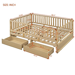 HomSof Full Size Wood Daybed with Fence Guardrails and 2 Drawers, Split into Independent Floor Bed & Daybed, Natural