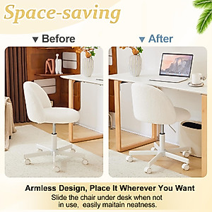 VINGLI Candy Chair Armless Cute Desk Chair,Comfy Small Office Chair with Wheels,Vanity Chair with Lumbar Support,Teddy Adjustable Rolling Swivel Computer Task Chair for Home Office,Bedroom,White