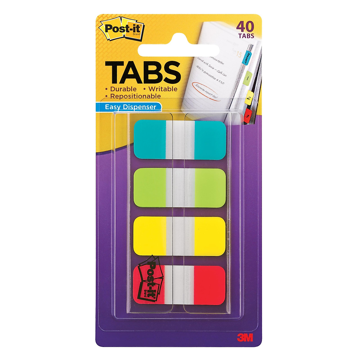 Post-it Tabs.625 in Solid, Aqua, Lime, Yellow, Red, 10/Color, 40/Dispenser (676-ALYR)