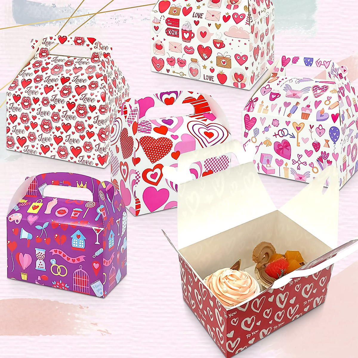 Aviski 12Pcs Valentine's Day Treat Boxes Small Goodie Present Boxes Recycled Party Favor Boxes Heart Printed Cardboard Box for Candy, Cookies and Party Favors, 6 Patterns
