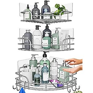 3 Pack Corner Shower Caddy: Stainless Steel No-drilling Bathroom Organizer for All 90° Corners- Installed in Minutes, Heavy Duty Shower Shelves for Storage- 6 Metal Hooks with Caps, 2 Extra Adhesives