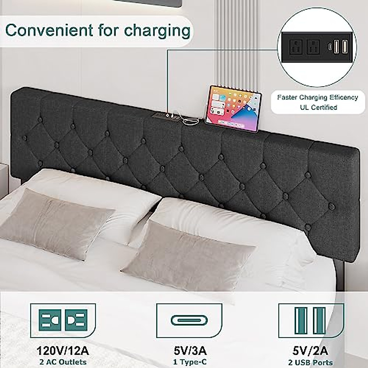 KIETLER King Size Bed Frame with Type-C & USB Ports， Adjustable Headboard， Upholstered Platform with Wooden Slats Support, Linen Fabric Wrap No Box Spring Needed, Easy Assembly, Dark Grey