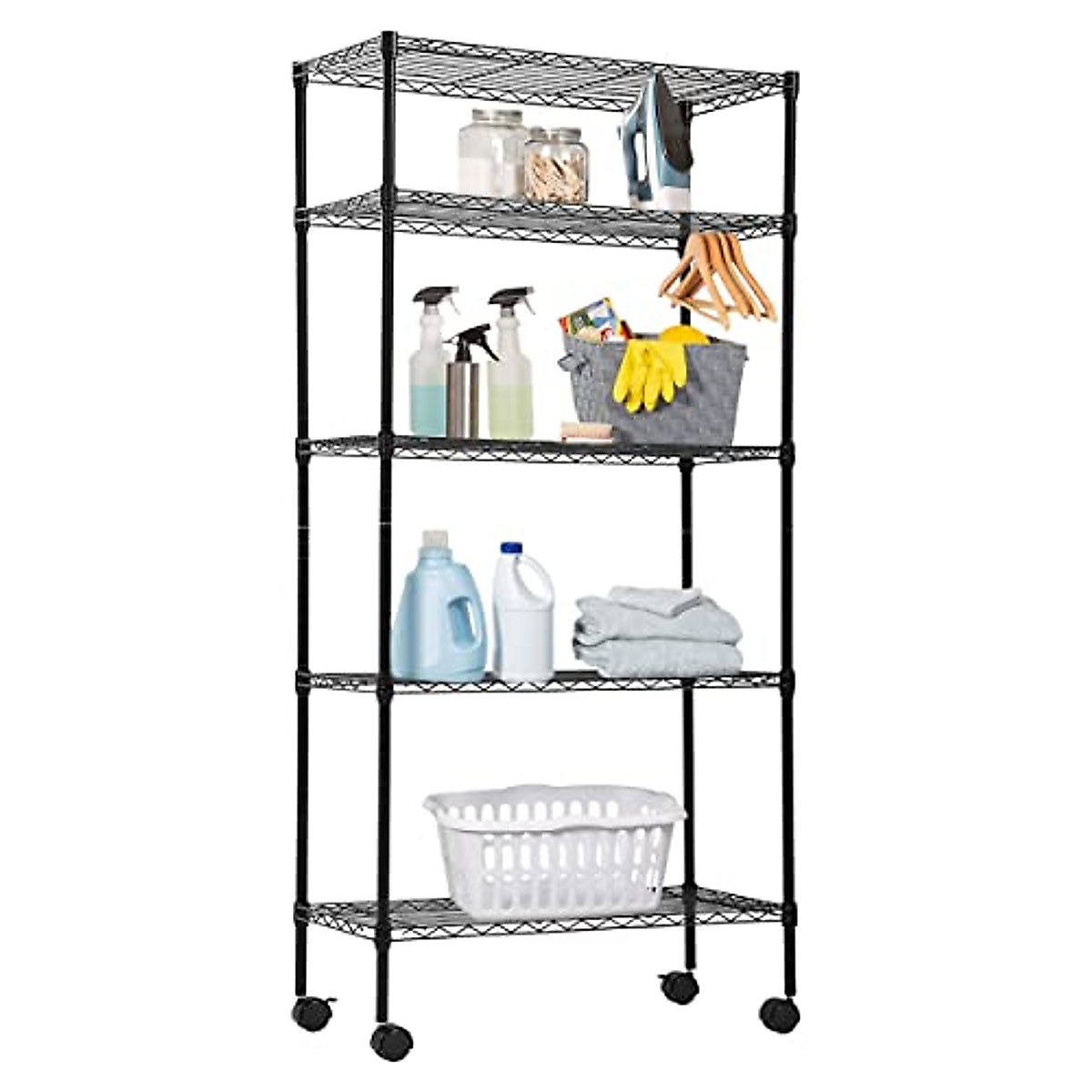 Dlewmsyic Wire Shelving with Wheels, 5 Layer 750 Lbs Capacity 60" Hx30 Lx14 W Metal Storage Shelf, Black