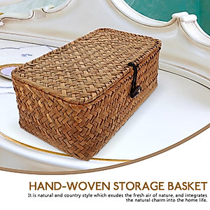 Gatuida Rectangular Wicker Baskets with Lids, Seagrass Storage Baskets with Button Multipurpose Container for Desktop,Size S