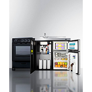 Summit Appliance ACK63ELSTB 64" Wide All-in-one Kitchenette with 4-Burner 220V Smooth-top Electric Range, Refrigerator-Freezer Sink, Cutting Board and Cutlery Storage, and Storage Cabinet