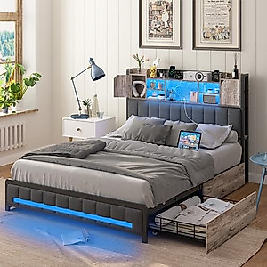 Full Size Bed Frame with Bookcase Headboard & Storage Drawers, Bed Frame Full Size with LED Lights & Charging Station, Heavy Duty Metal Bed Frame for Kids Adults, No Box Spring Needed, Charcoal Gray