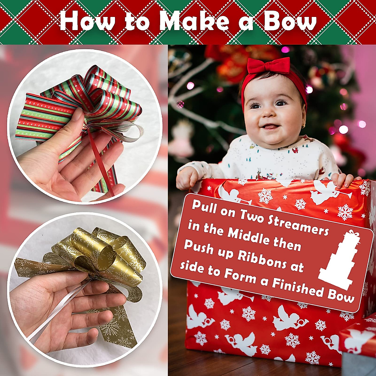 Christmas Gift Wrap Bows, Pull Bows with Ribbon for Gift Wrapping, 24 Pcs Foil Bows Assorted Patterns, Vintage Decoration for Holiday Present, Baskets, Bottle, Book, Bouquet(Easy to Assemble) (24)