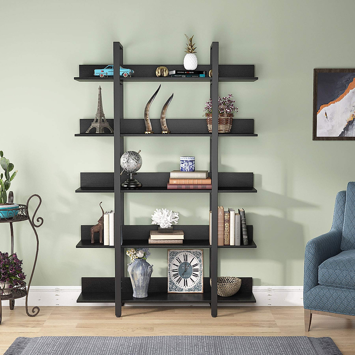 Tribesigns 5 Tiers Bookcase, 5-Shelf Industrial Style Etagere Bookcases and Book Shelves, Metal and Wood Free Vintage Bookshelf with Back Fence, Black