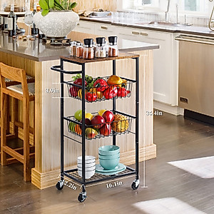 Kitchen Storage Cart on Wheels 4 Tier Rolling Storage Cart with Mesh Wire Basket and Handle Utility Storage Trolley Serving Cart with Wooden Tabletop for Small Space Dining Room Bathroom Rutic Brown