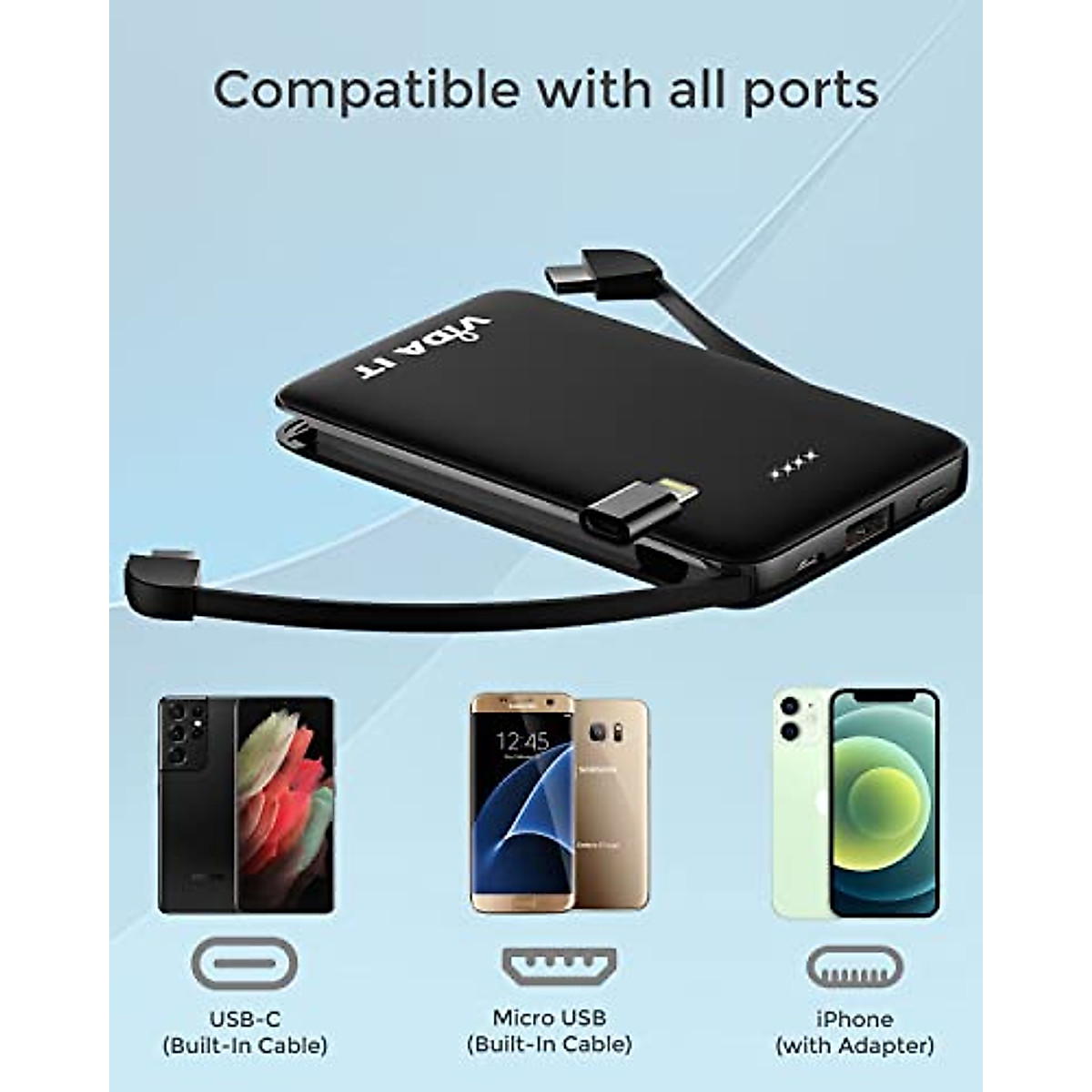 Vida IT Compact Power Bank Portable Charger for Samsung Galaxy S21 S20 S10 S7 Edge Google Pixel 6 6A 5 4 4A Motorola LG Android Cell Phone USB-C External Battery Pack 5000mAh with Built-in Cable